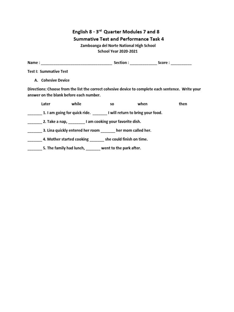 English 8 Quarter 3 Summative Test and Performance Task 4 | PDF