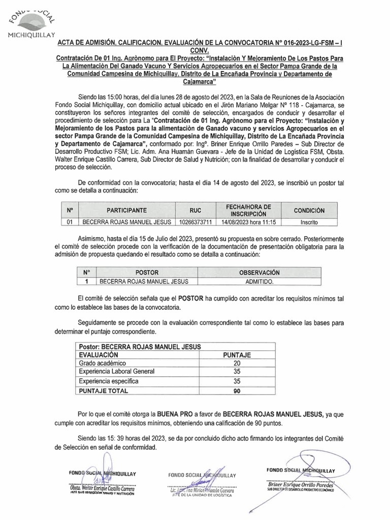 Acta de Calificacion, Otorgamiento de La Buena Pro - Conv. 16-2023-Lg - Fsm. Ing. Agronomo - II ...