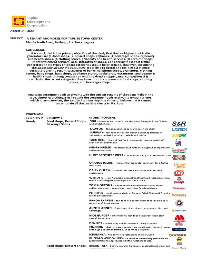 A Tenant-Mix Model For Toplite Town Center | PDF | Sneakers | Hamburgers