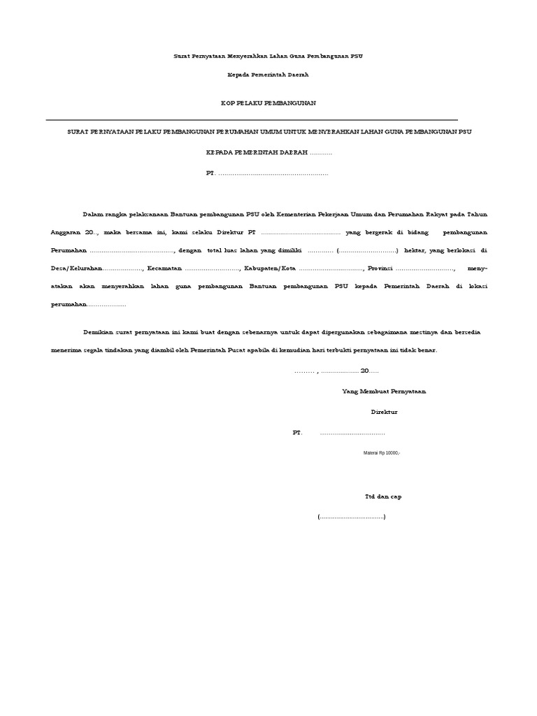 Format Nomor 4. Surat Pernyataan Menyerahkan Lahan Guna Pembangunan PSU KPD Pemda | PDF