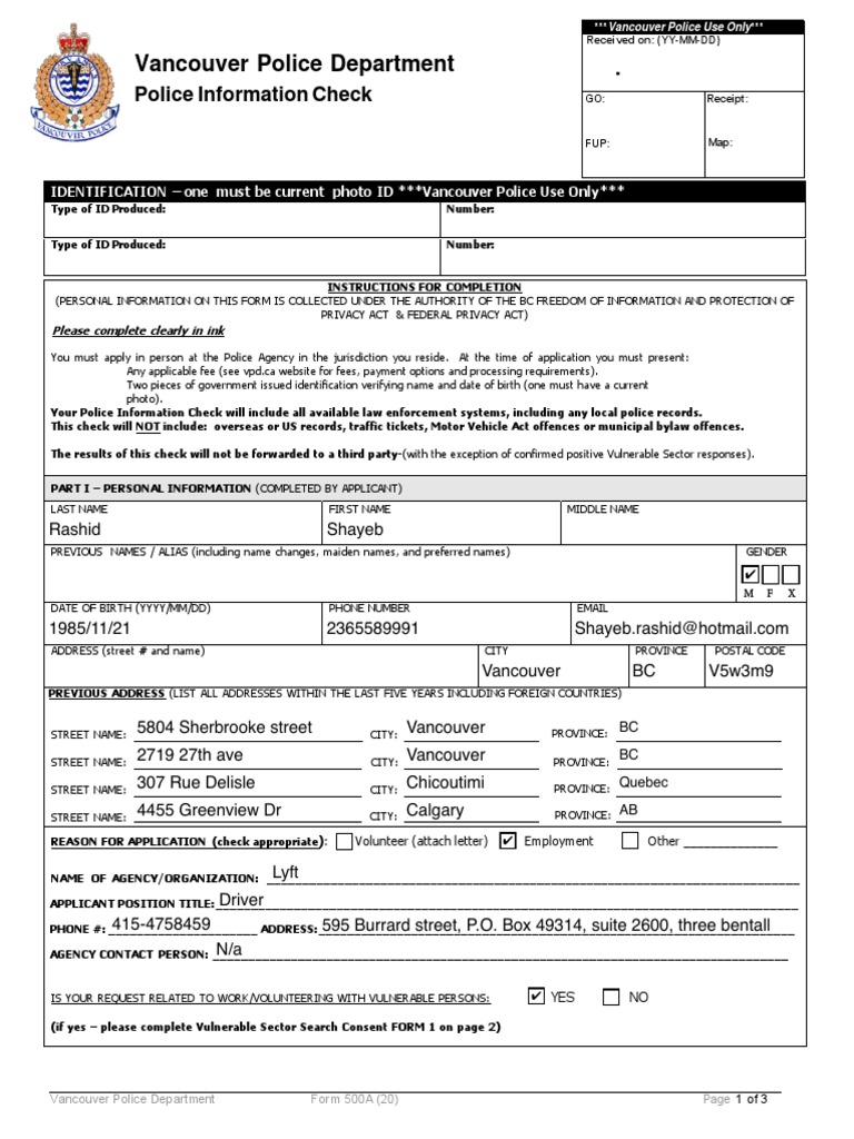 VPD0500A Request For Records Check | PDF | Criminal Record | Criminal Law