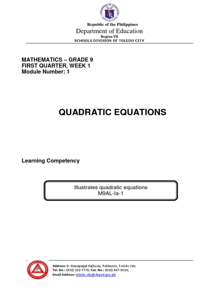 Grade 9 Quadratic Equations Module | PDF | Equations | Quadratic Equation