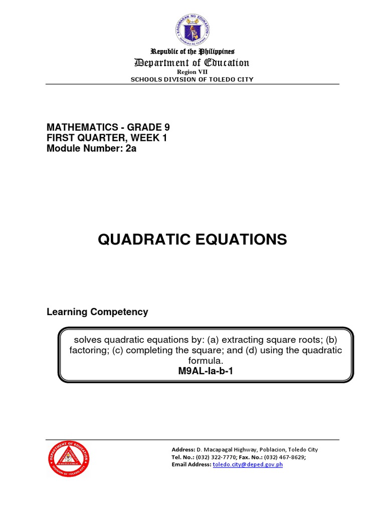 Solving Quadratic Equations Module | PDF | Quadratic Equation | Equations