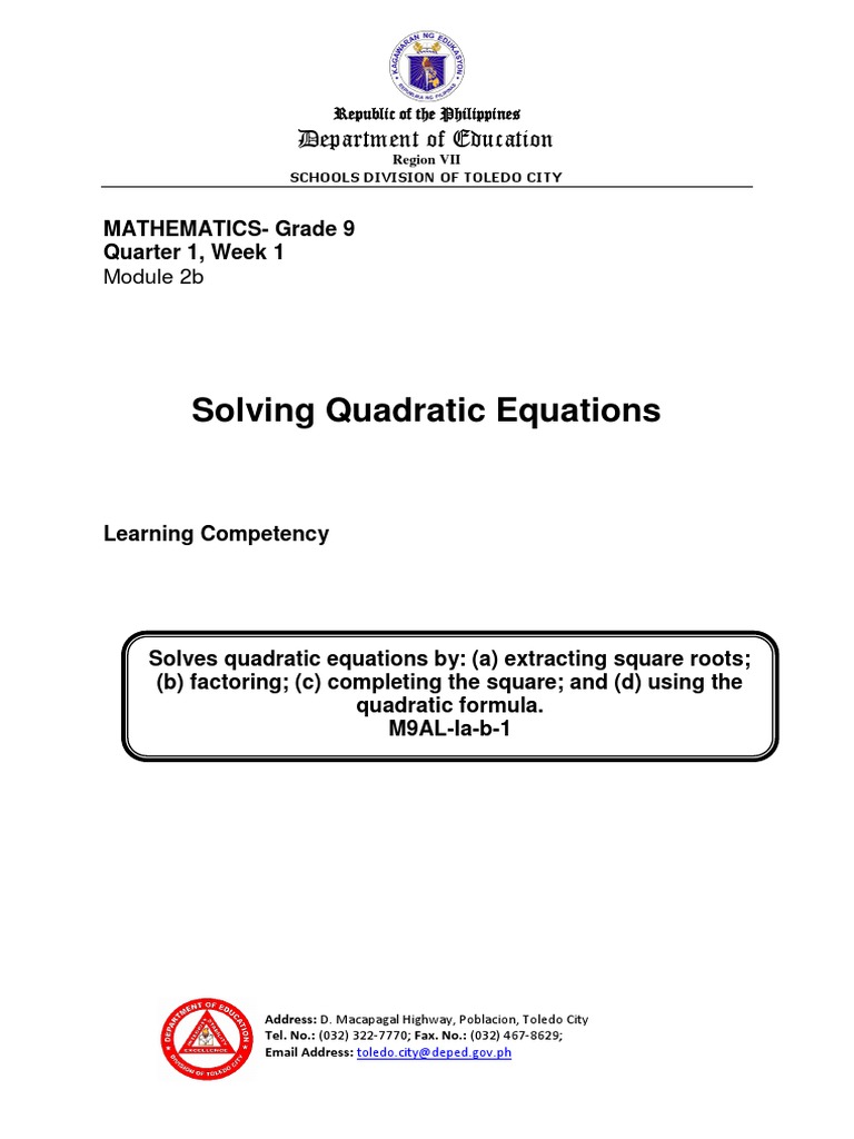 Math9 q1 Wk2 Mod2b Solving-Quadratic-Equation | PDF | Quadratic ...