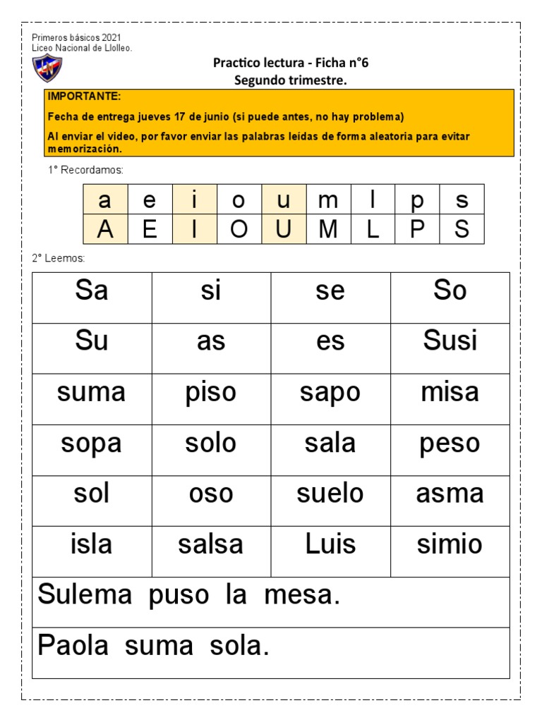 Lectura 6 Letra S Segundo Trimestre | PDF