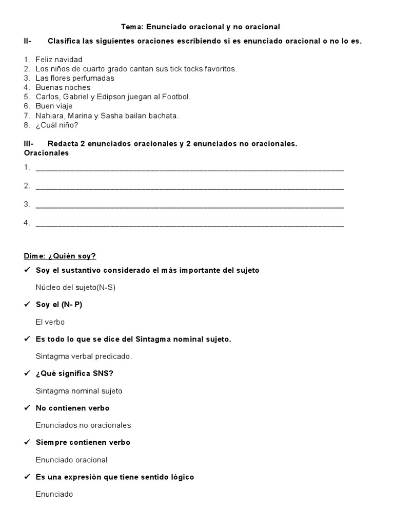 Enunciado Oracional y No Oracional 2 | PDF | Asunto (gramática) | Verbo