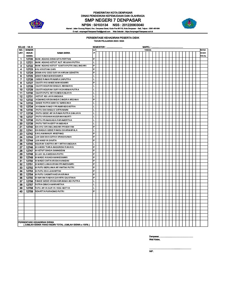 Absen Kelas 7 TAHUN 2023,2024 | PDF