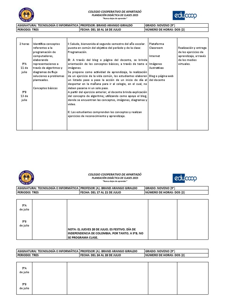 Planeaciones Tecnología e Informática - Grado 9° - Tercer Período | PDF | Maestros ...