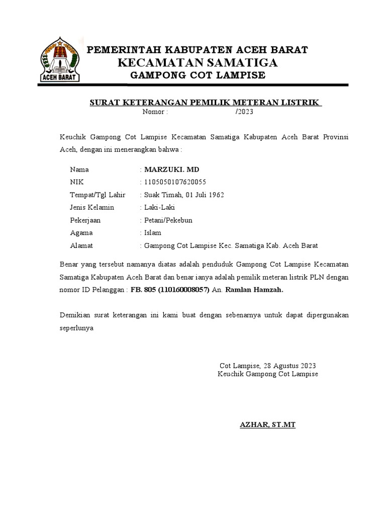 Surat Keterangan Pemilik Meteran Listrik | PDF