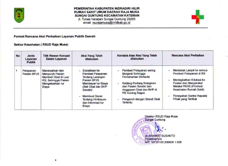 Rencana Aksi Perbaikan Layanan Publik Daerah (Rsud Raja Musa) | PDF
