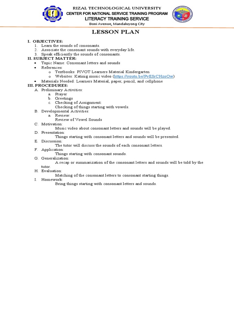 Lesson Plan Consonant Sounds | PDF