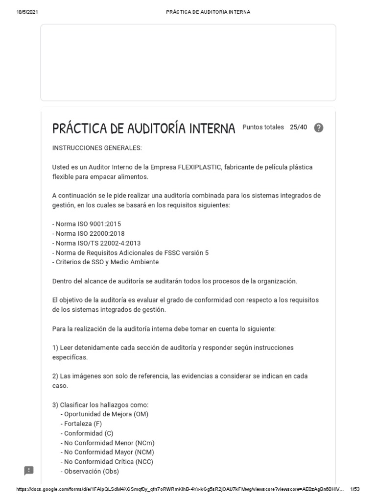 Práctica de Auditoría Interna | PDF | Auditoría | Seguridad alimenticia