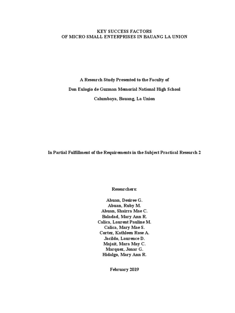 ABM - PR2 - TitlePage - KEY SUCCESS FACTORS OF MICRO SMALL ENTERPRISES IN BAUANG LA UNION PRE 1 ...