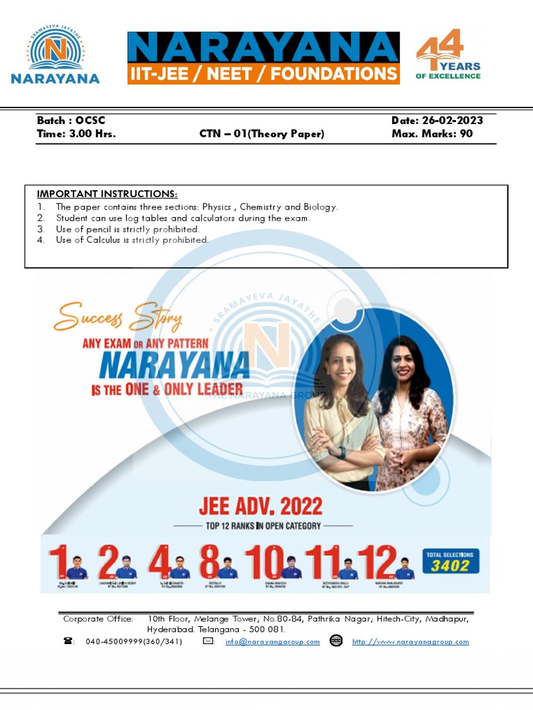 Narayana Ocsc Test 1 | PDF | Nature | Physical Sciences