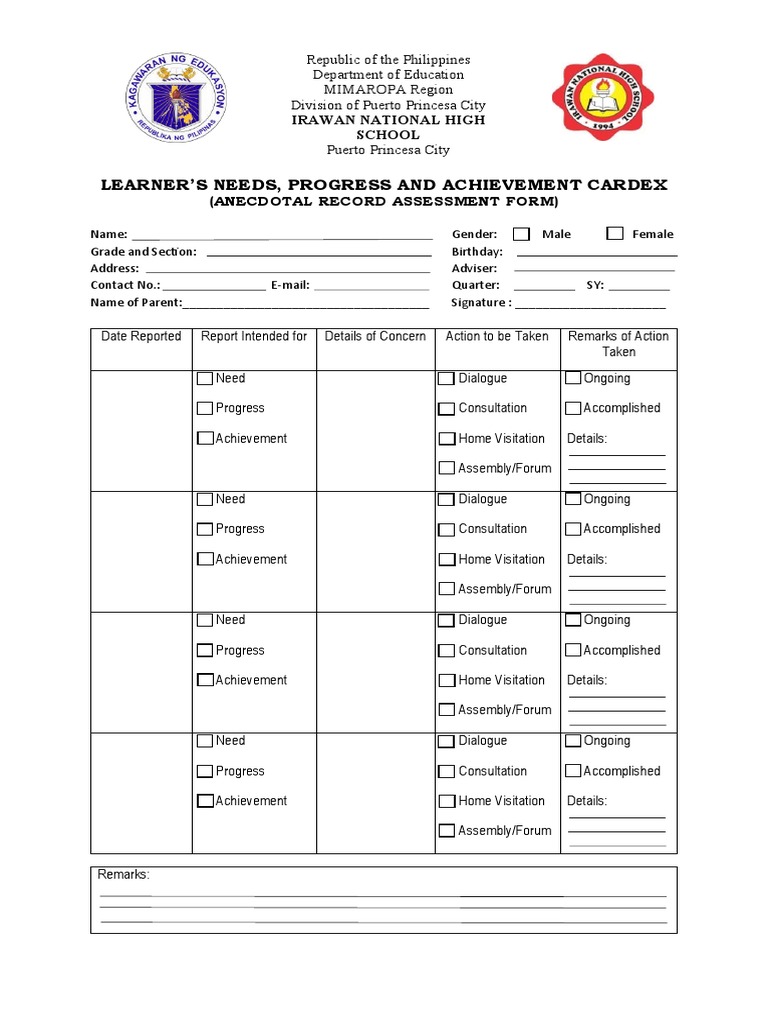 Learner Progress Assessment Cardex | PDF