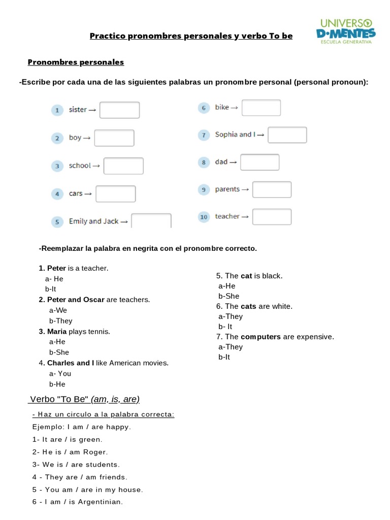 Practica Pronombres Personales y Verbo To Be | PDF