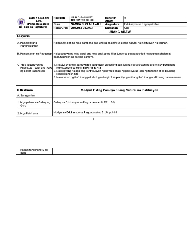 DLL ESP 8 Modyul 1 Week 1 | PDF