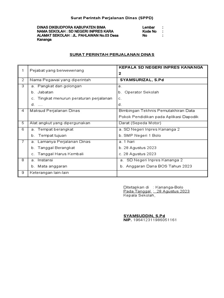 Format SPPD Surat Perintah Perjalanan Dinas Sekolah | PDF