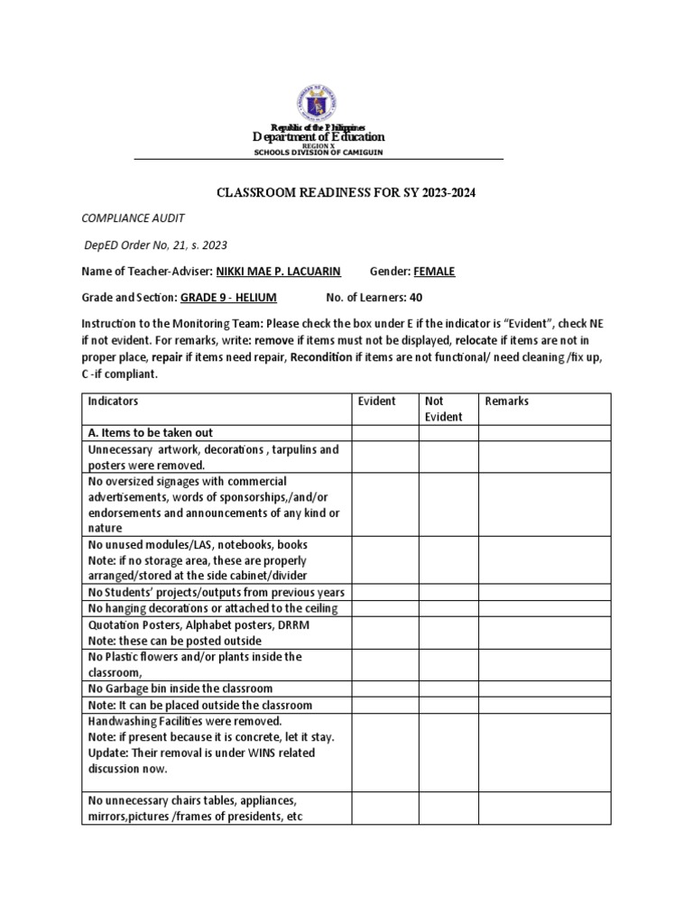 Classroom Readiness Audit 2023 | PDF