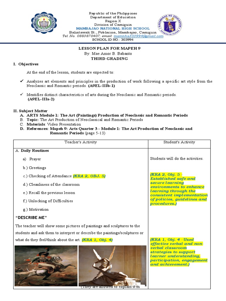 MAPEH 9 Lesson Plan: Neoclassic & Romantic Art | PDF | Romanticism ...