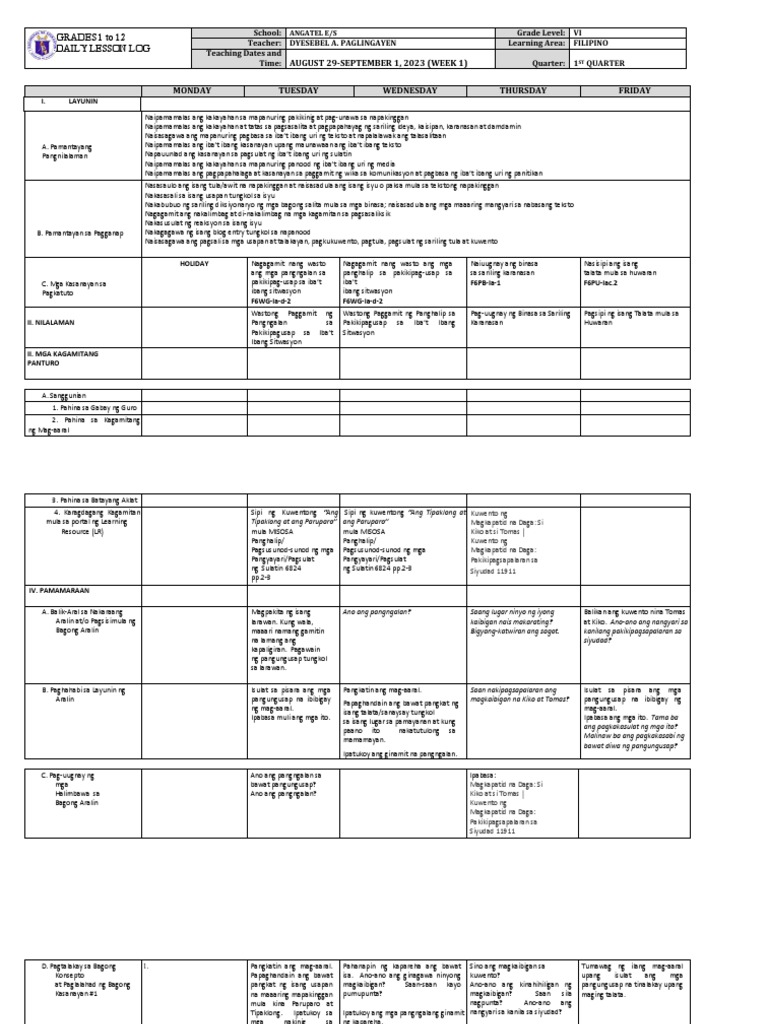 DLL Filipino-6 Q1 W1 | PDF