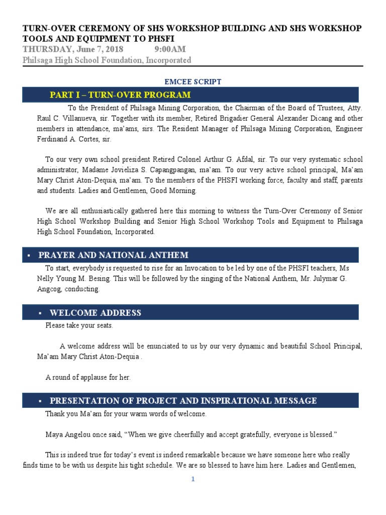Opening Prayer for Turn-Over Ceremony | PDF