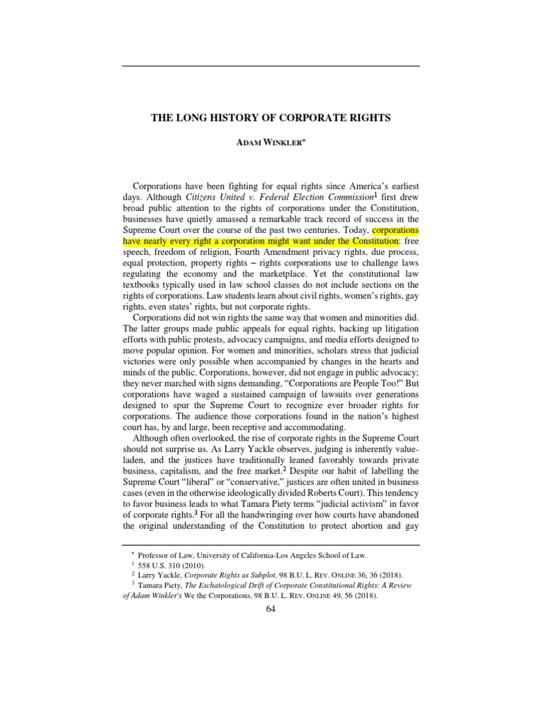 Adam Winkler - The Long History of Corporate Rights | PDF | Fourteenth ...