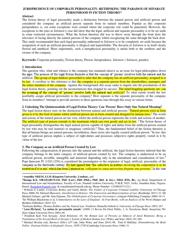 Amadike NKEM - Jurisprudence of Corporate Personality - Rethinking The ...
