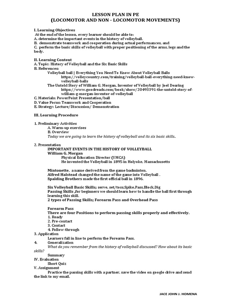 Volleyball History and Skills Lesson Plan | PDF | Volleyball ...