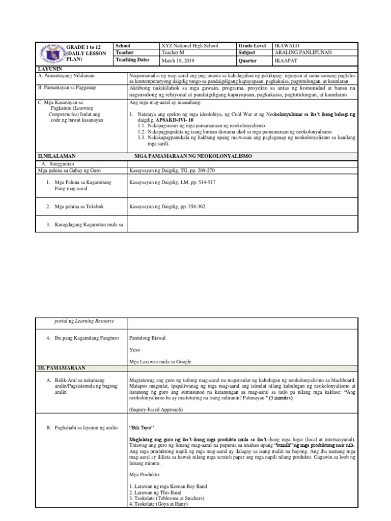 Sample DLP For NEOKOLONYALISMO PDF | PDF
