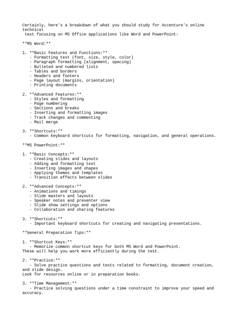 Accenture MS Office Test Preparation Guide | PDF | Microsoft Word ...