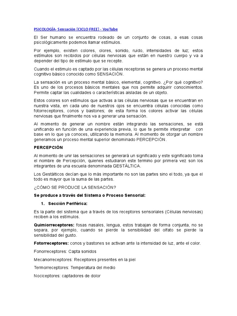 Sensaciones y Percepciones | PDF | Percepción | Sentidos