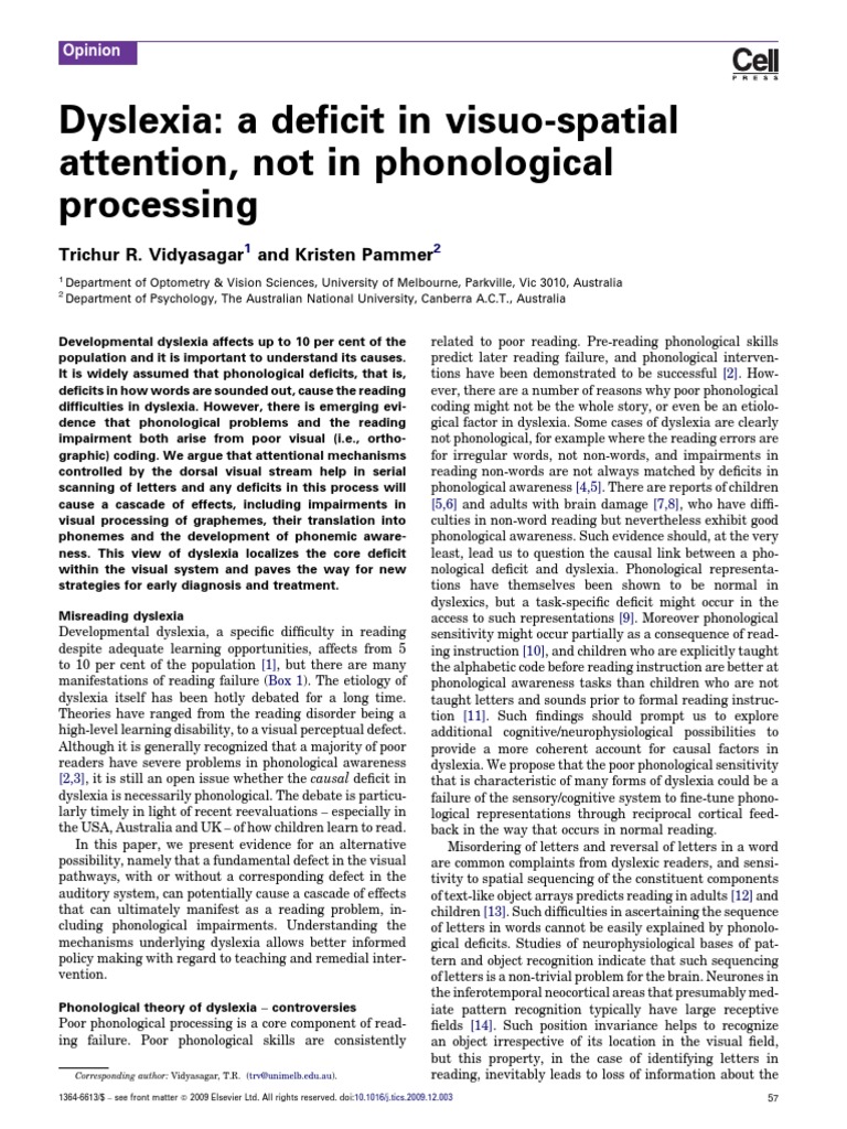 2010 - Dyslexia - A Deficit in Visuo-Spatial Attention Not in Phonological Processing | PDF ...