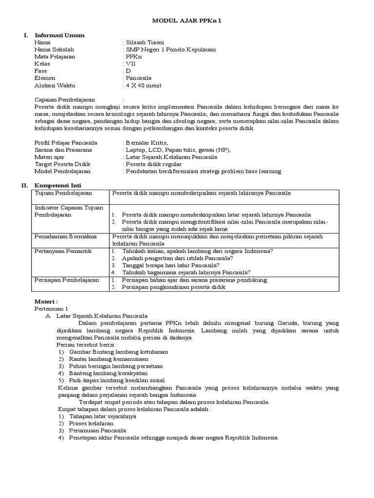 MODUL AJAR PPKN 7 SMT 1 | PDF