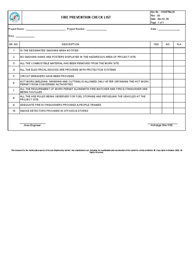 HSE FRM-30 Fire Prevention Check List | PDF