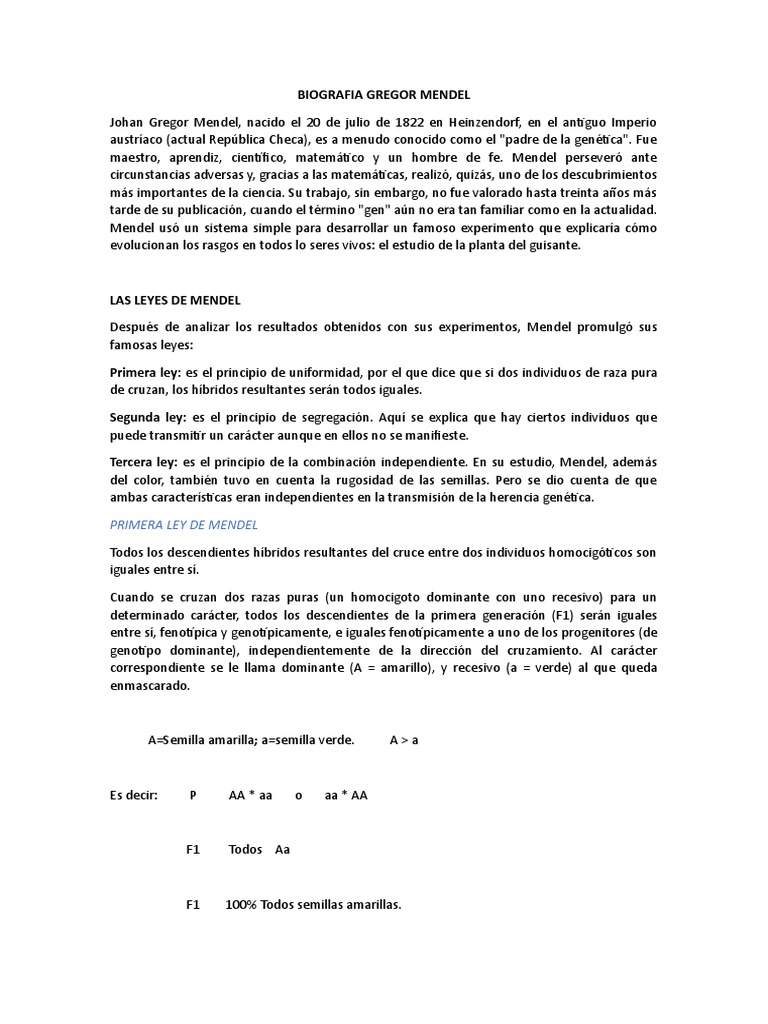 Biografia Gregor Mendel | PDF | Dominancia (Genética) | Cigosidad Biografia Gregor Mendel | PDF | Dominancia (Genética) | Cigosidad