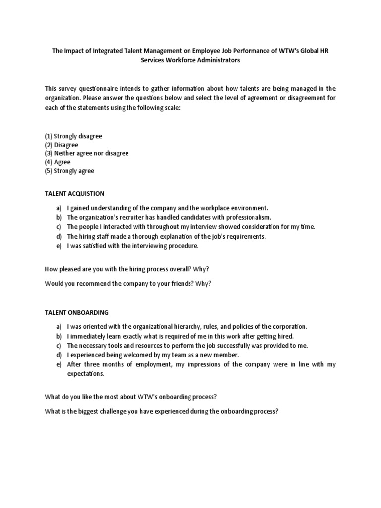 Integrated Talent Management Questionnaire | PDF | Performance ...