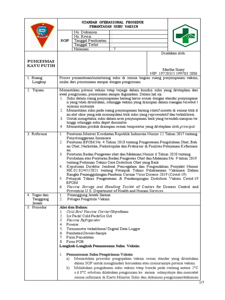 SOP Pemantauan Suhu Vaksin (Fix) | PDF SOP Pemantauan Suhu Vaksin (Fix) | PDF