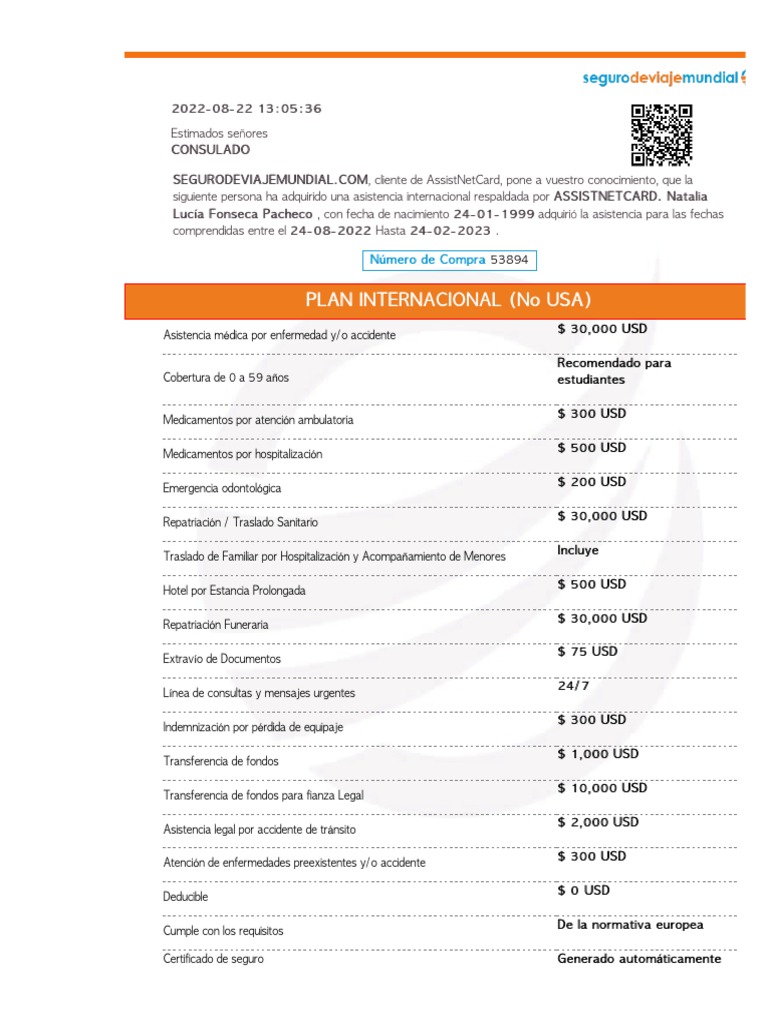 Carta Consular - Seguro de Viaje Mundial | PDF | Medicina | Cuidado de ...