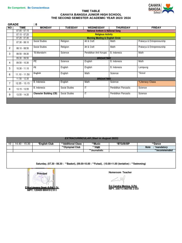 Grade 8 Time Table Sem 1 23-24 | PDF
