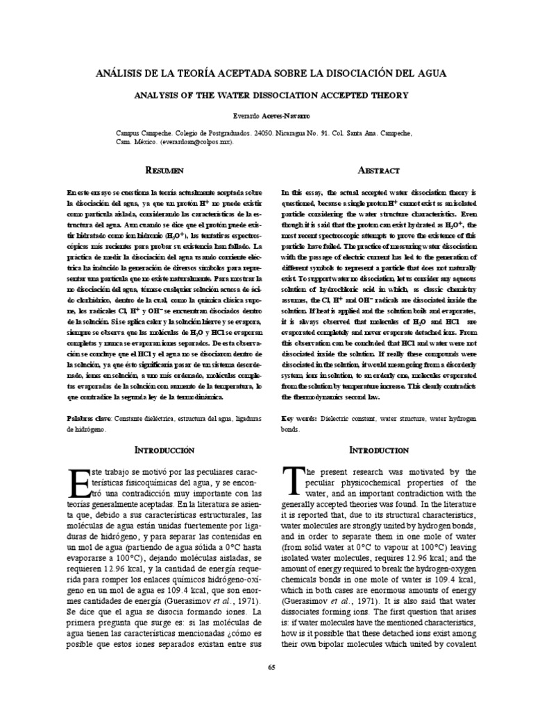 Analisis de Teoria Aceptada Sobre Disociación Del Agua | PDF | Agua ...