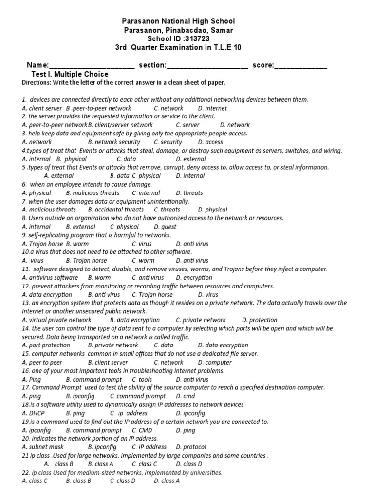 3rd G10 Exam | PDF | Computer Network | Ip Address