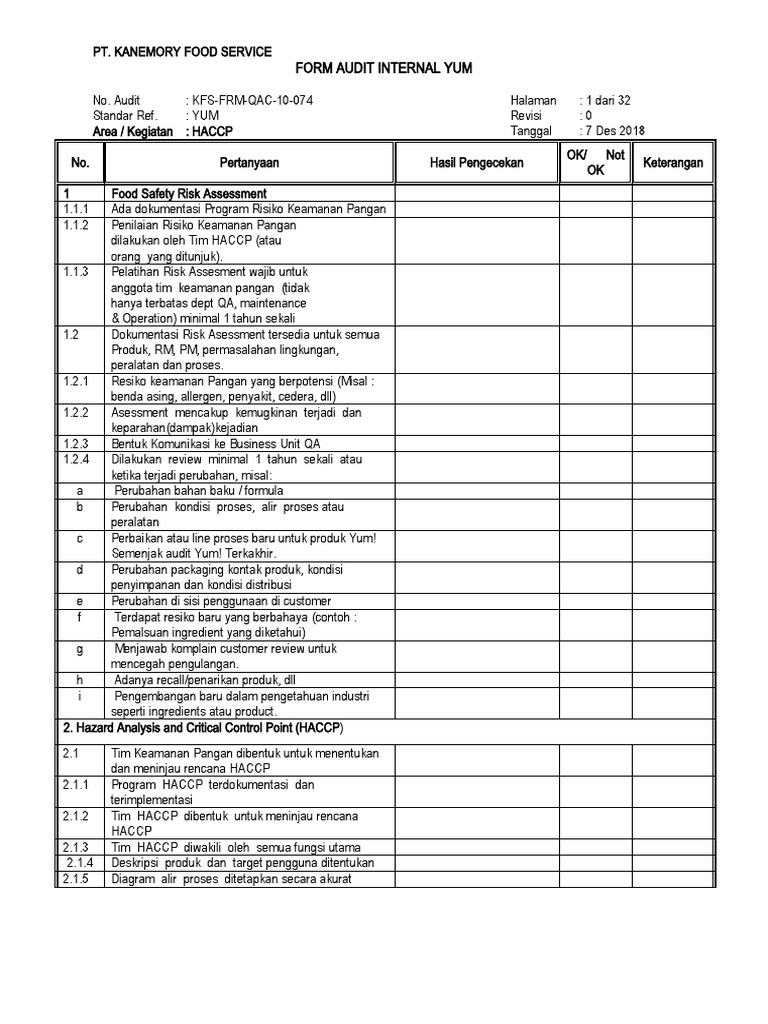 Kfs FRM Qac 10 074 Rev01 7 Des 18 Form Audit Internal Yum! | PDF