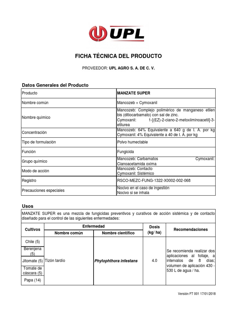 Ficha Técnica Manzate Super UPL Agro (México) | PDF | Especialidades ...