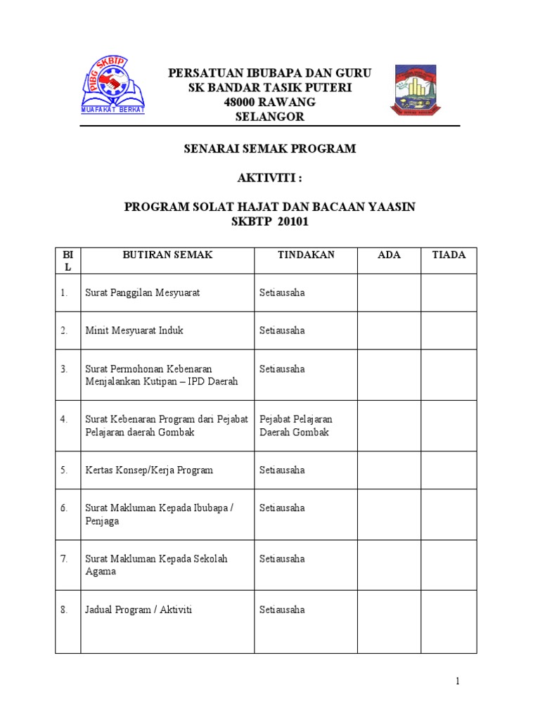 Borang Senarai Semak Program PIBG SKBTP | PDF