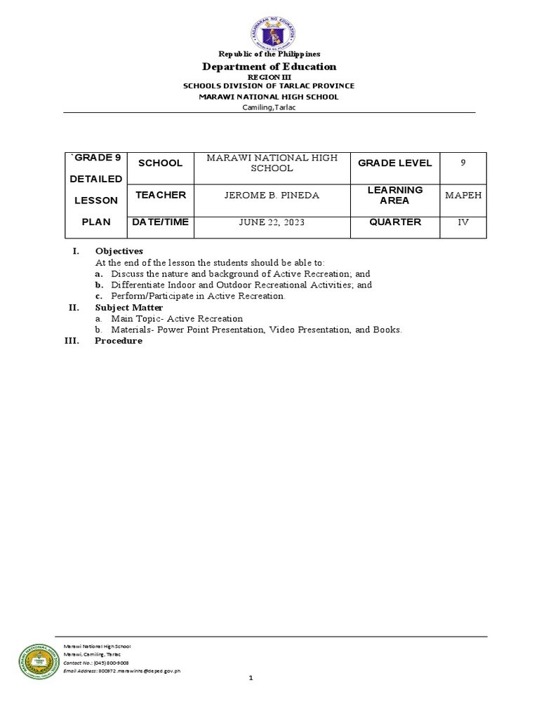 DLP Grade9 Mapeh Q4 Cot2 | PDF | Learning | Behavior Modification