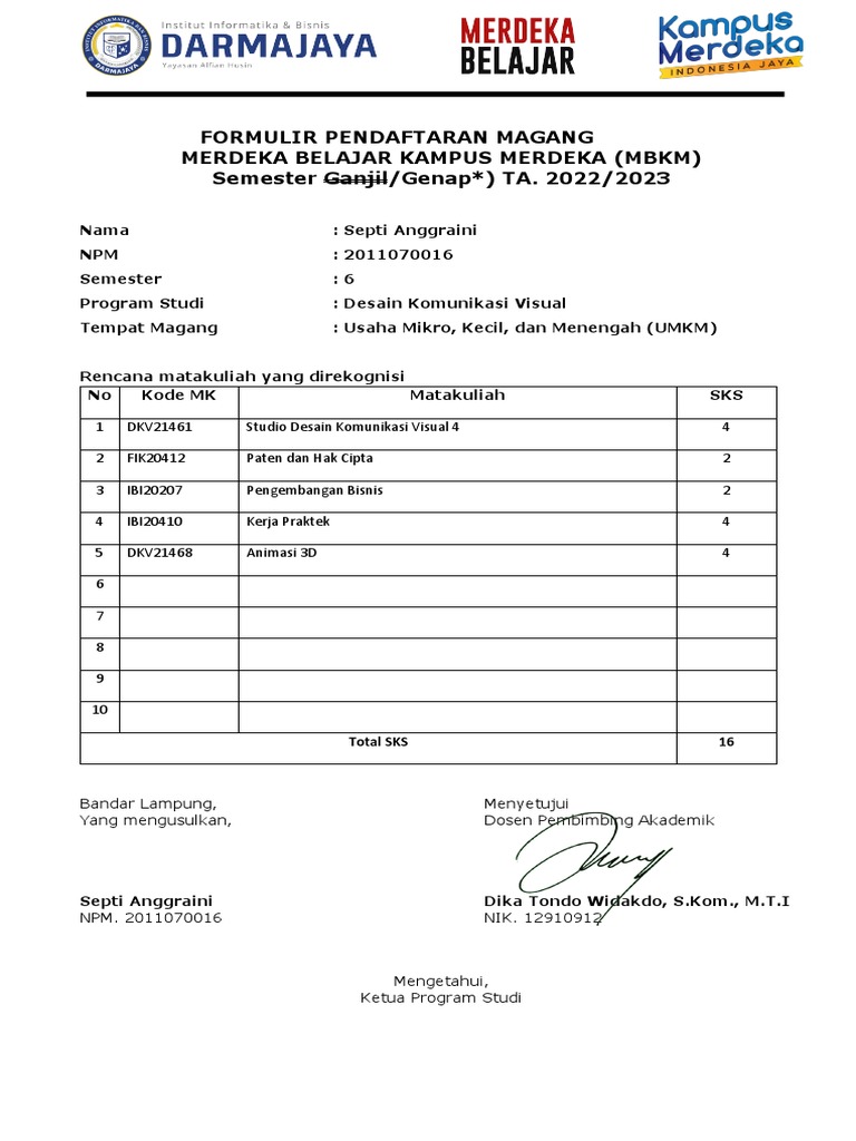 Form Pendaftaran Program Magang UMKM Merdeka - Septi | PDF