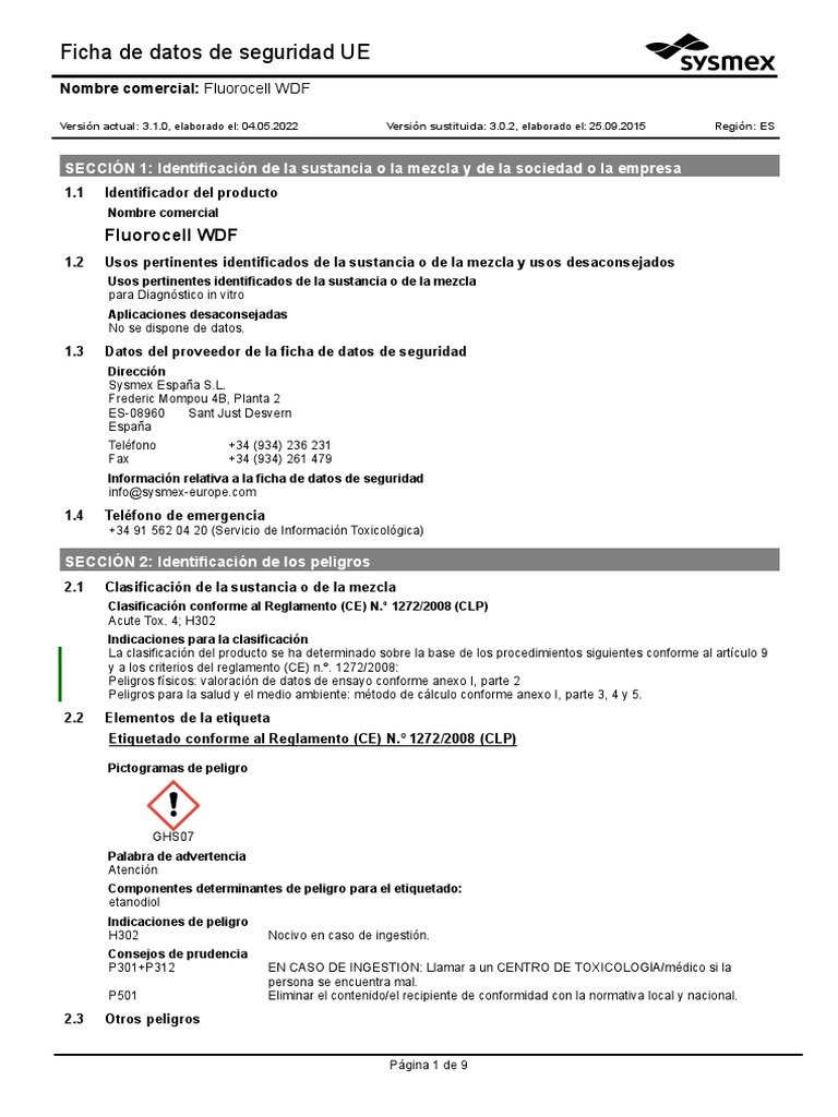 Fluorocell WDF 616605 SDS ES Es | PDF | Agua | Toxicidad