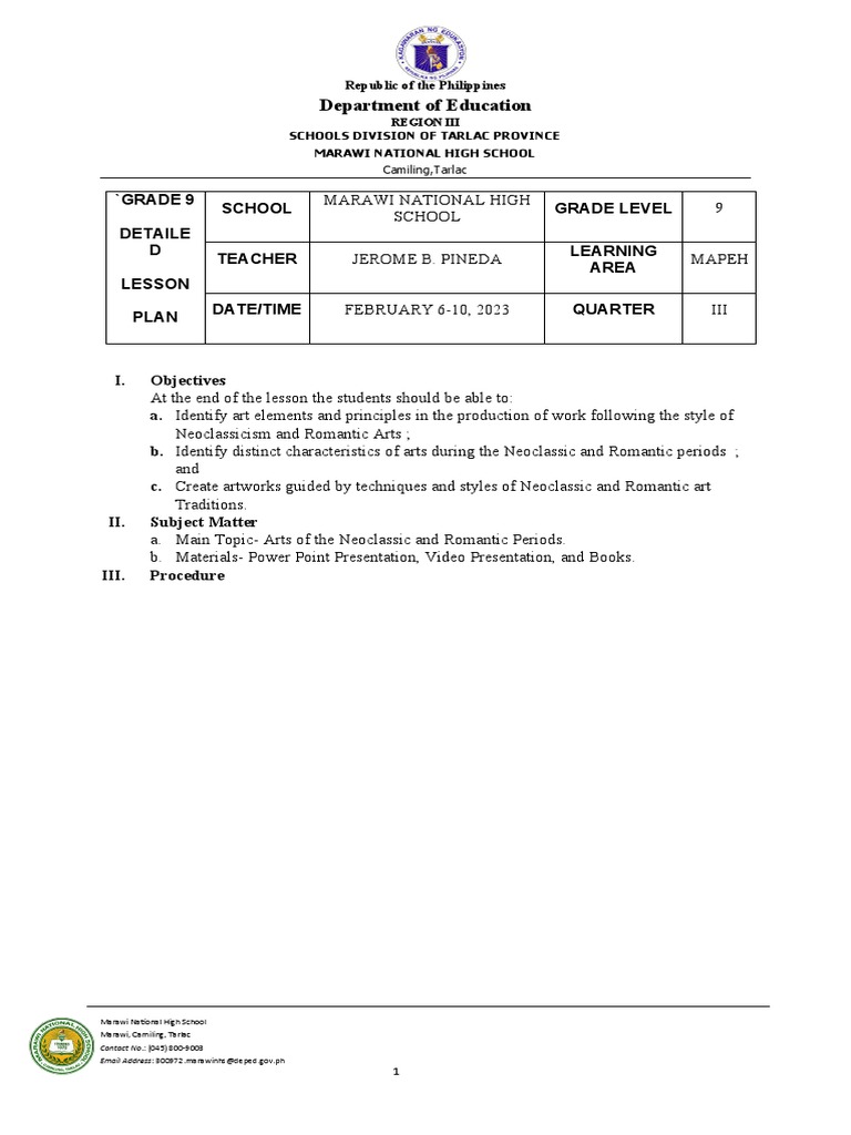DLP Grade9 Mapeh Q3 W3 | PDF | Romanticism | Learning