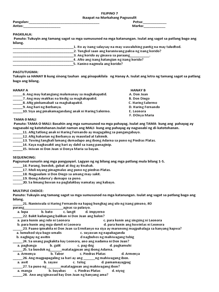 FILIPINO 7 4th Grading 2017-18 | PDF
